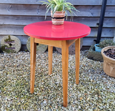 Vintage Red Formica Round Small Kitchen, Side, Wooden Table Mid-Century ...