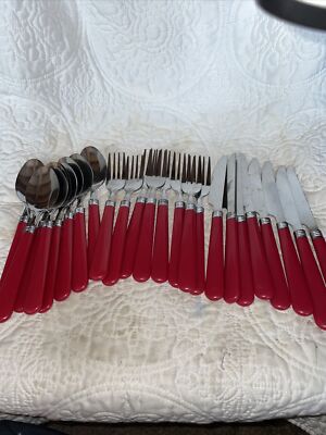 24PC Vintage Stainless Steel Flatware RETRO 50'S Red Rounded Plastic ...