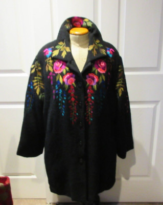 VINTAGE Linea by Louis Dell'Olio Floral Embroidered Blk Wool Boucle ...
