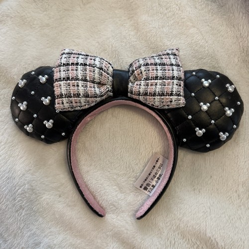 Disney Parks Minnie Mouse Black Faux Leather Pearls Tweed Pink Bow Ears ...