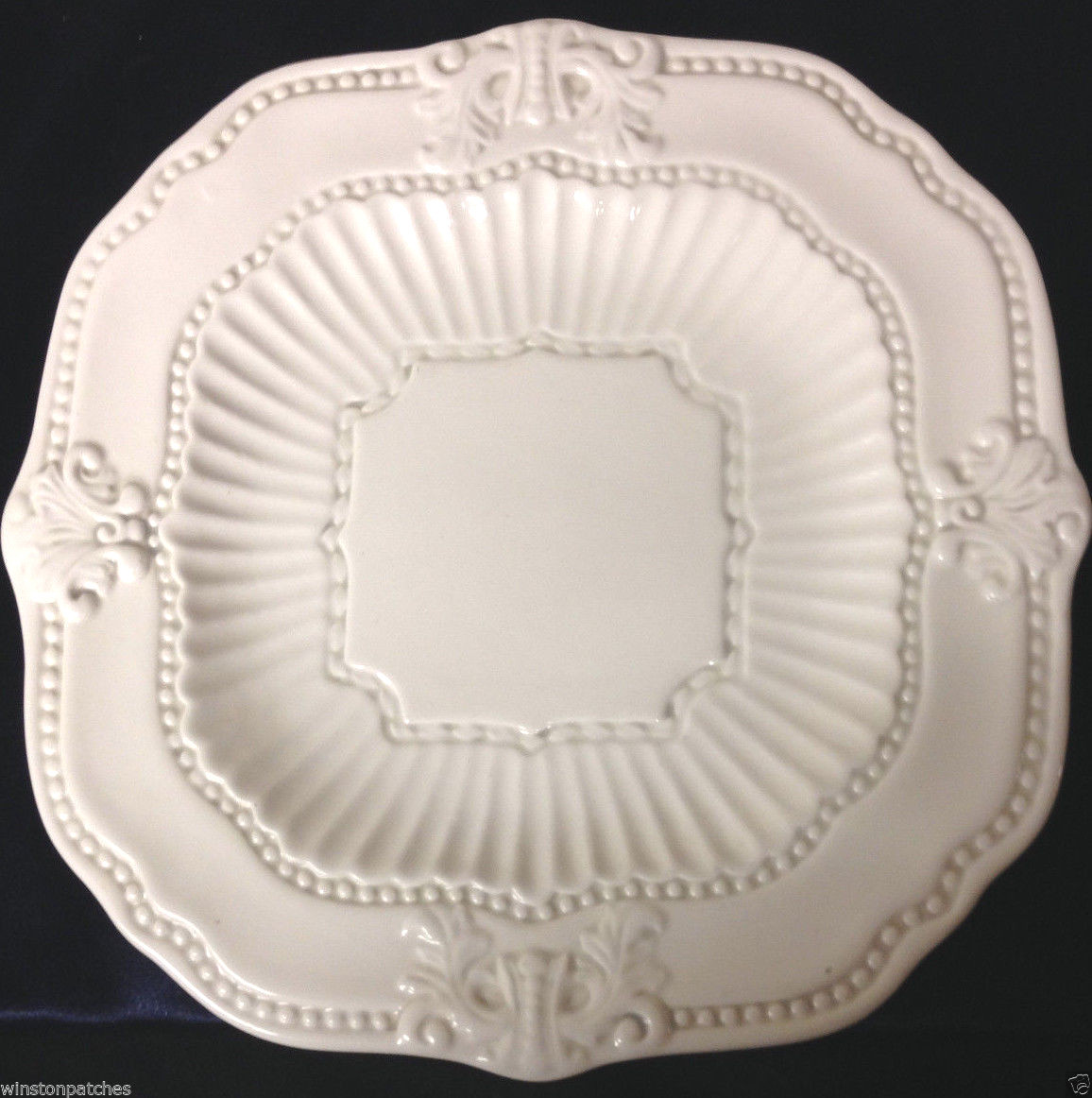 AMERICAN ATELIER BAROQUE DINNER PLATE 10 7/8" WHITE EMBOSSED SCROLLS ...