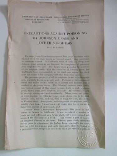 Precautions Against Poisoning by Johnson Grass University of Cal ...