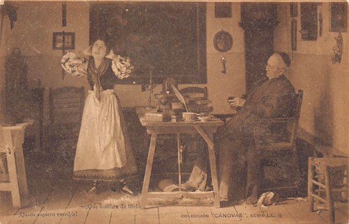 Spanish Art Monk Writing Letters at Table Woman Hands Over Ears ...
