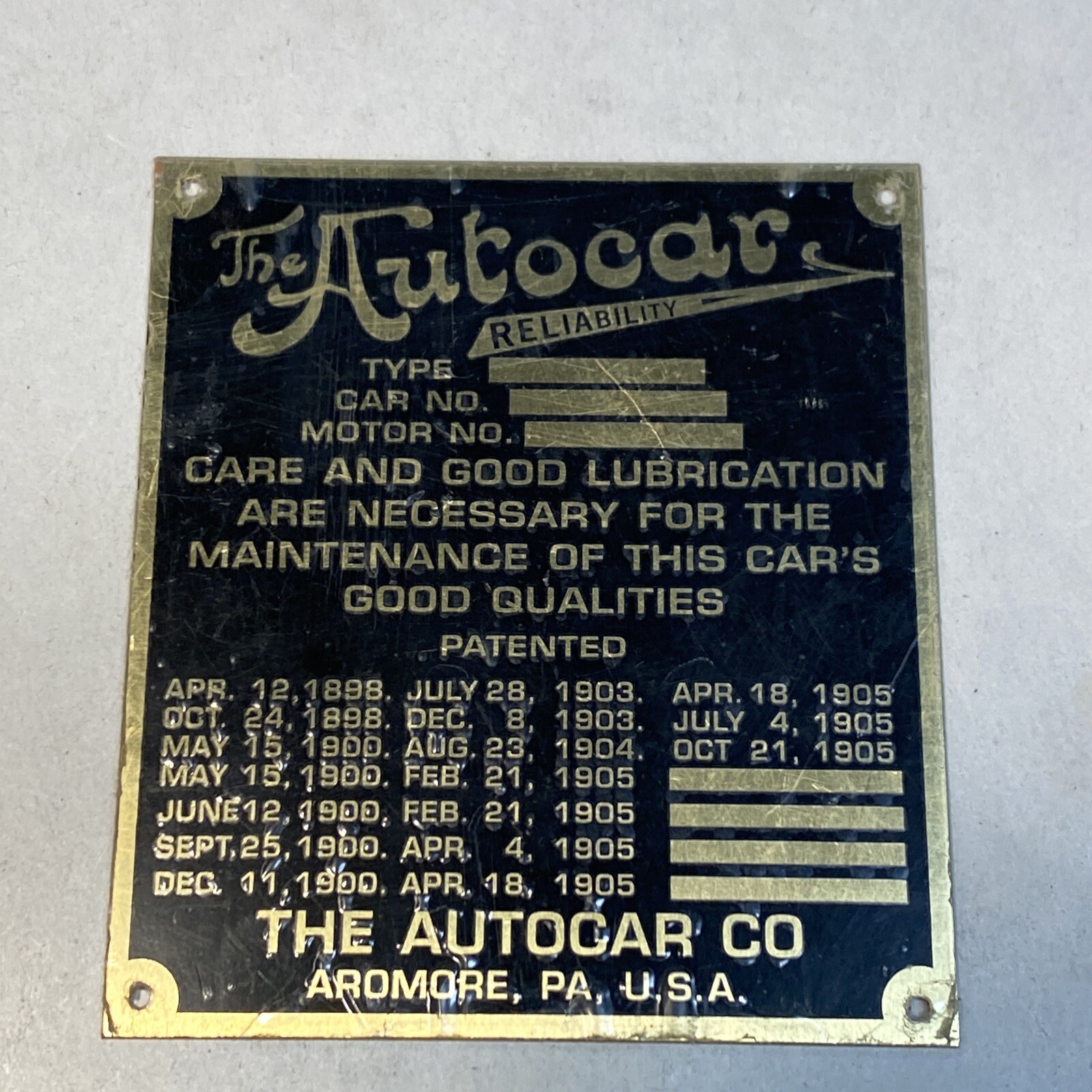 ANTIQUE THE AUTOCAR CO RELIABILITY ARDMORE PENNSYLVANIA CAR EMBLEM ...