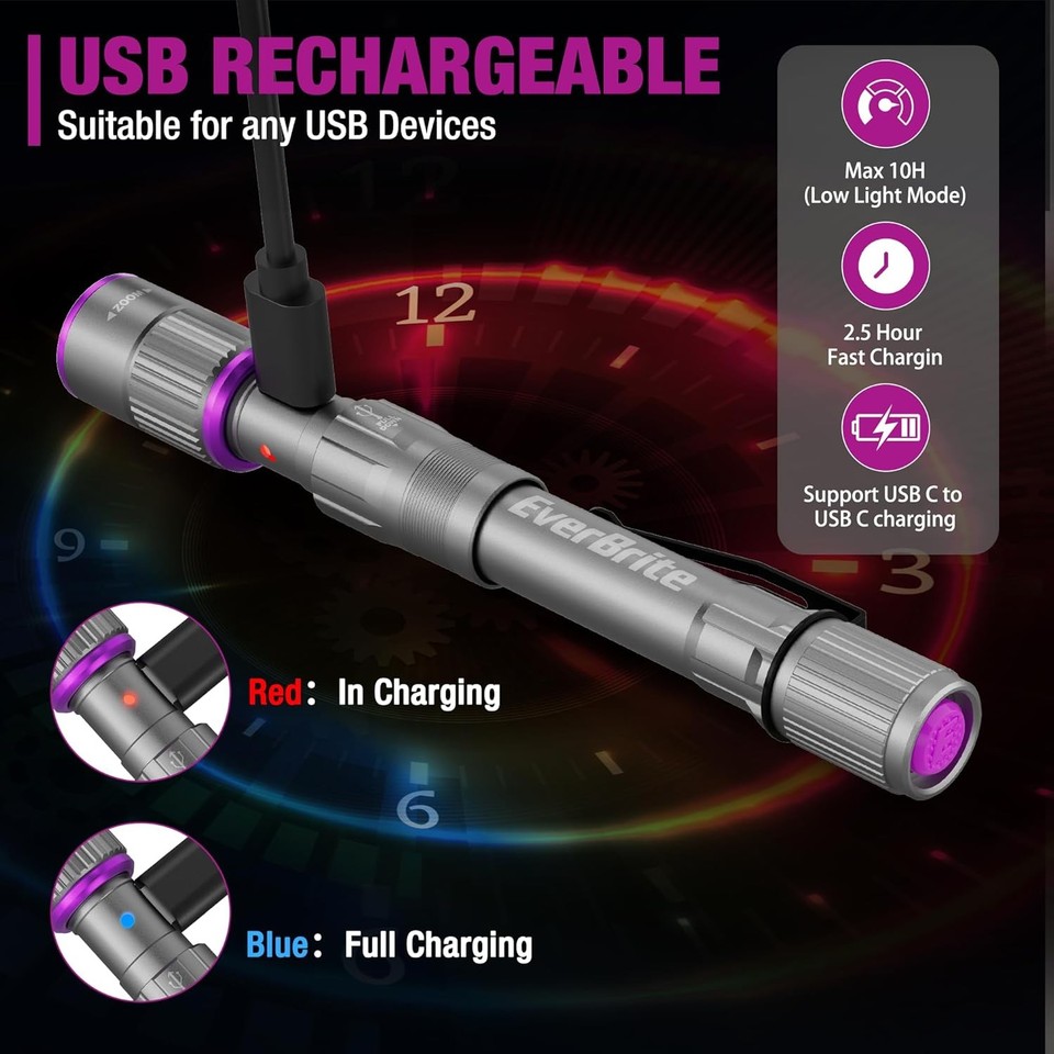 EverBrite Rechargeable LED Pen Flashlight UV White Light 395nm Black ...