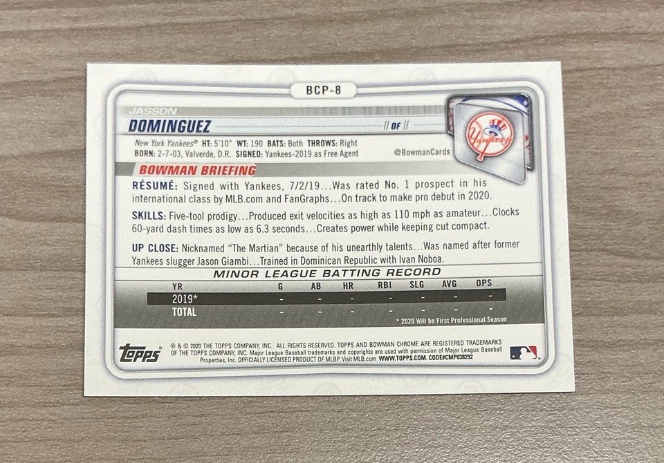 JASSON DOMINGUEZ 2020 1ST BOWMAN CHROME RC #BCP-8 YANKEES ROOKIE | eBay