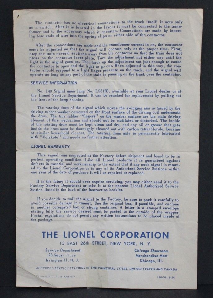 Lionel 140 Banjo Signal Original Instruction Sheet 140-59 8-54 | eBay