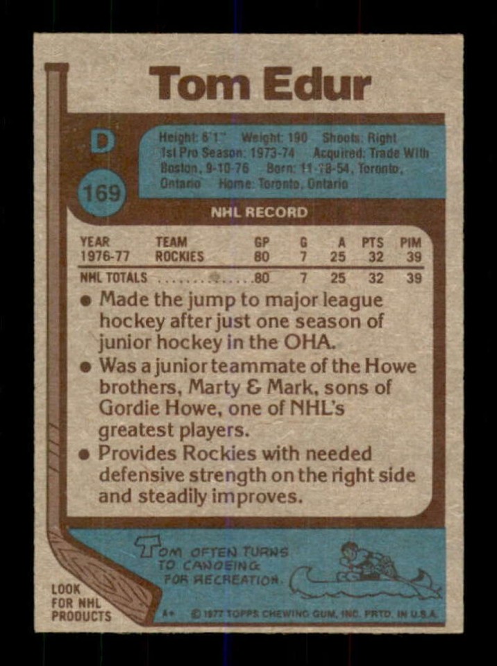 1977-78 Topps #169 Tom Edur NM/NM+ RC Rookie 541110 | eBay