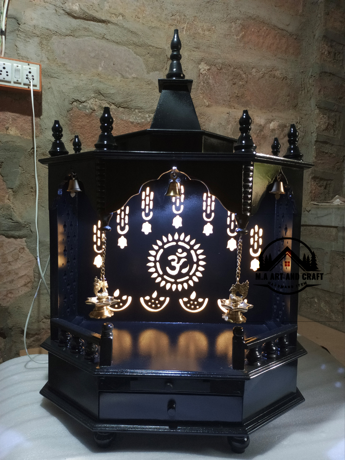 Unique wood Prayer Space Finished in Black Dico with pure Brass Lamps ...
