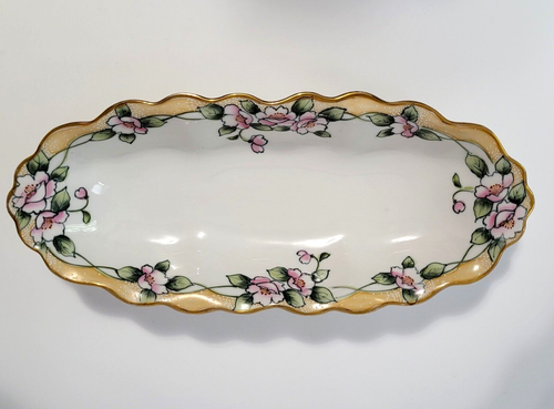 Antique Nippon Long Oval Hand Painted Flowers Gold Rims Serving Dish 11 ...
