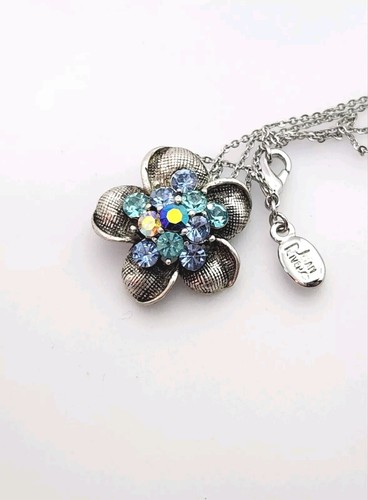 Joan Rivers Blue AB Rhinestone Flower Pendant Necklace Silver Tone 18 ...