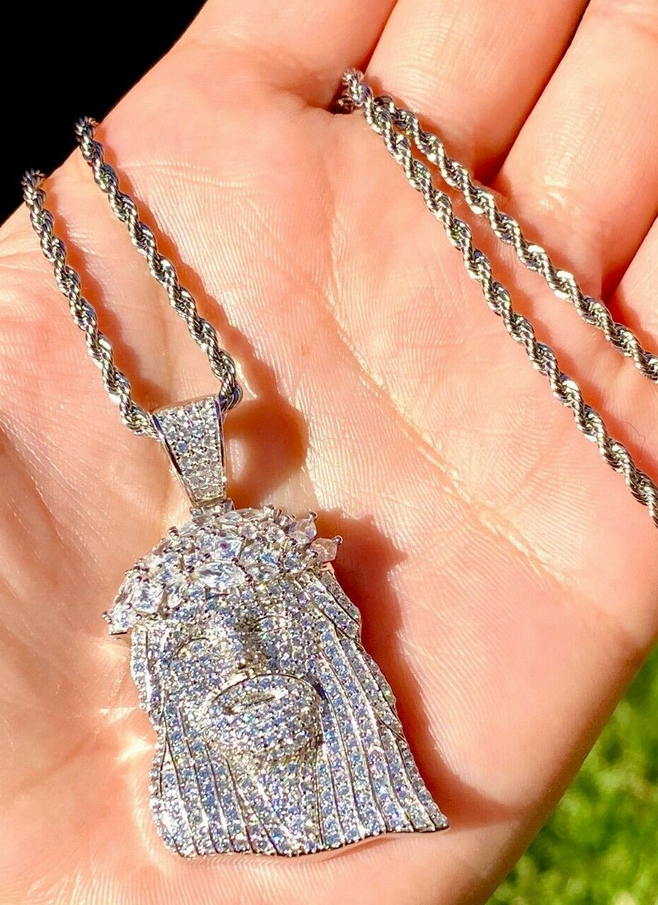 Men's Italy Silver Finish Jesus Head Piece Cross Crucif iced Pendant ...