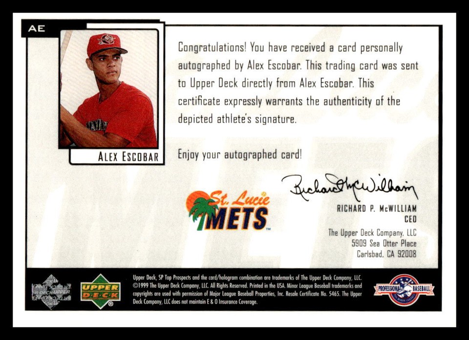 Alex Escobar 2000 SP Top Prospects #AE Chirography Baseball Card | eBay