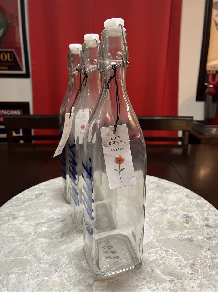 RAE DUNN Blue Print GULP DRINK CHILL 1 Liter Bail &Trigger Glass Bottle ...
