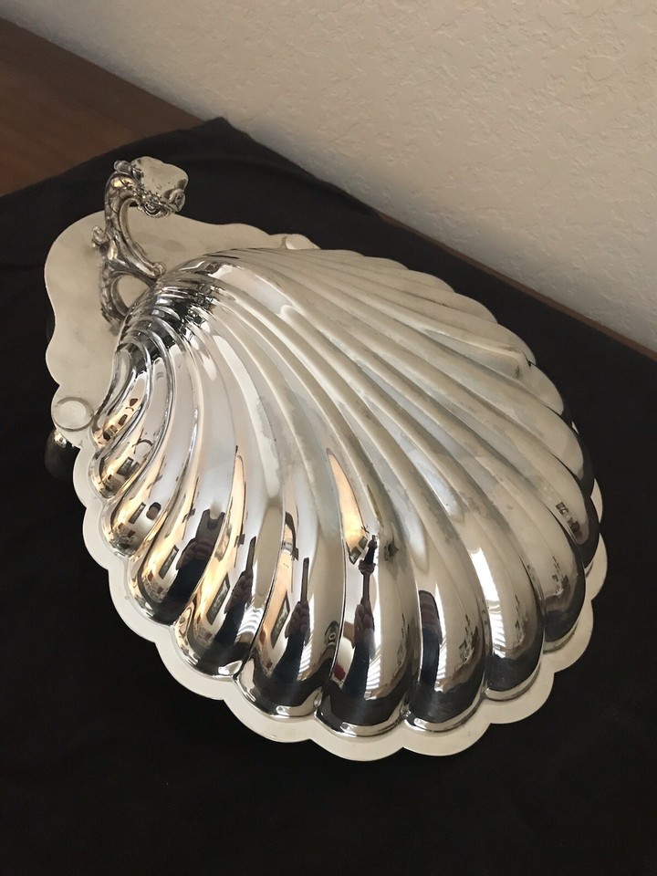 Vintage Silver Plate Shell Shape Serving Bowl with Sauce Cup, Toothpick ...