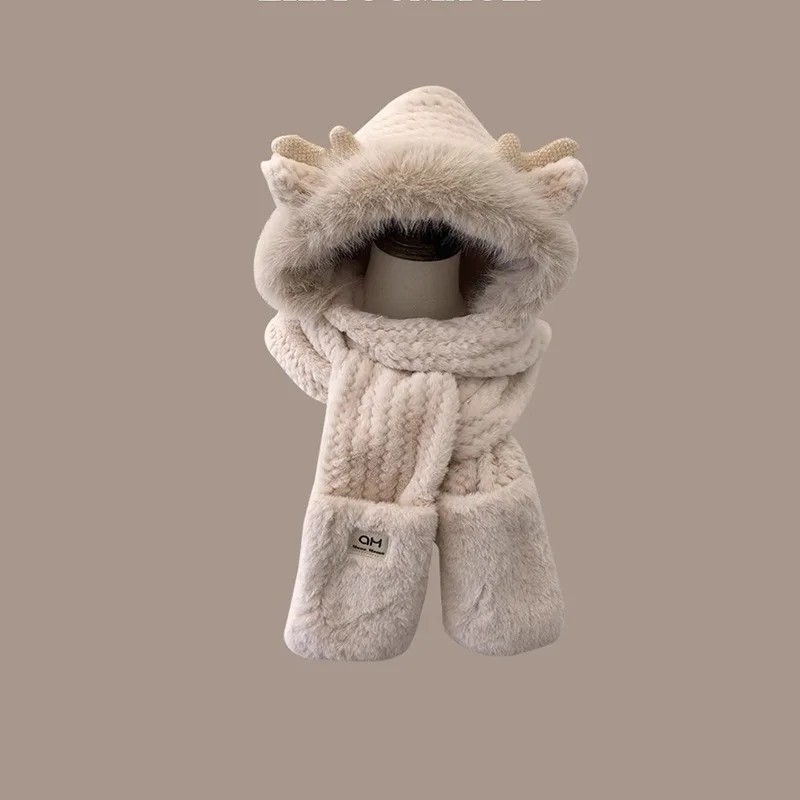 Women’s Plush Elk Antler Hat with Scarf & Gloves – Winter Ear Protector ...