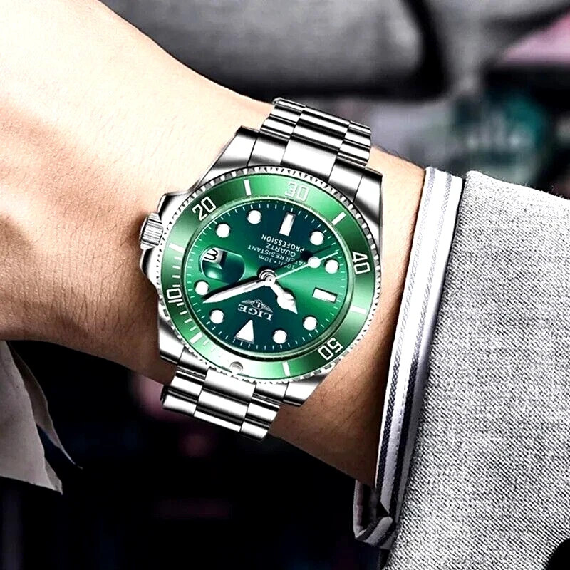 LIGE Mens Wristwatch Luxury Quartz Green Face Waterproof Sports Silver ...