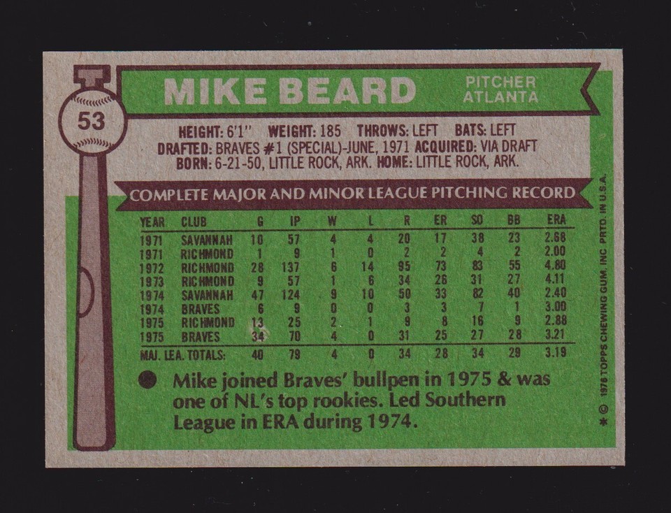 1976 TOPPS #53 Mike Beard ATLANTA BRAVES NM+ B | eBay