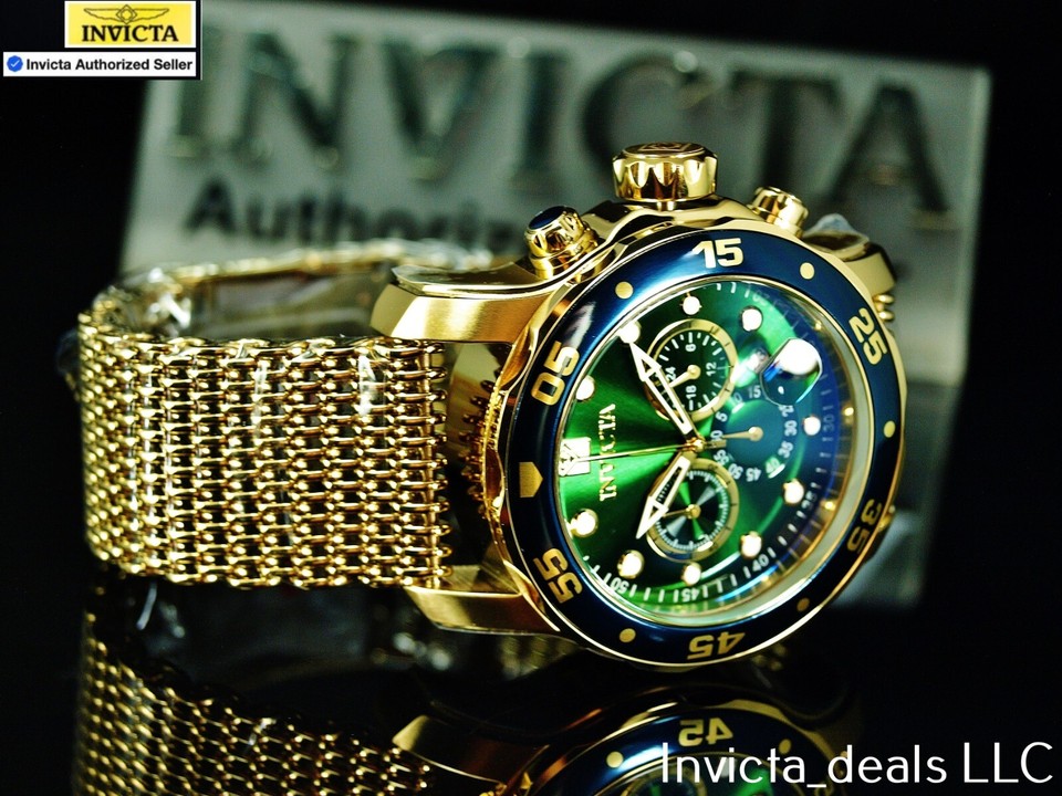 Invicta Men's 48mm PRO DIVER Scuba Chronograph GREEN DIAL Gold Tone ...