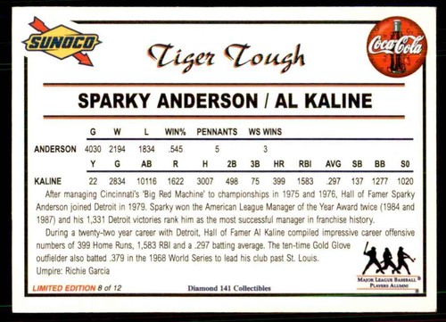 2001 Sunoco Dream Team Sparky Aderso/Al Kaline 103 Baseball Cards #8 OF ...