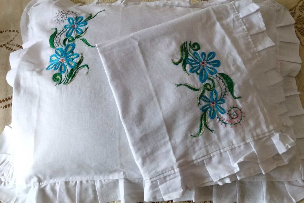 Vintage Hand Embroidered Pillow Cases Pure Cotton White Blue Beautiful ...