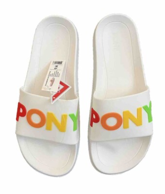 NEW PONY Curl Slides White Logo Sandals Pool Shoes Ladies Sz 9 Unisex ...