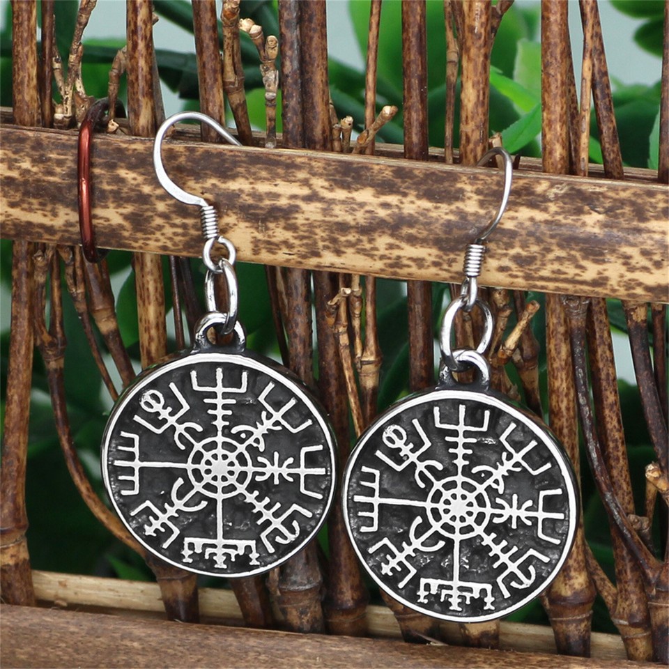 Nordic Viking Rune Compass Mjolnir Valknut Drop Hook Earrings Stainless ...