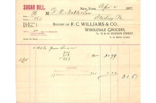 1897 RC Williams & Co Invoice NYC Sugar Bill TM Noble Sterling PA ...