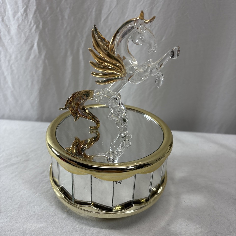 Vintage Crystal Glass Mirrored Pegasus Winged Horse Gold Tone Music Box Carousel | eBay