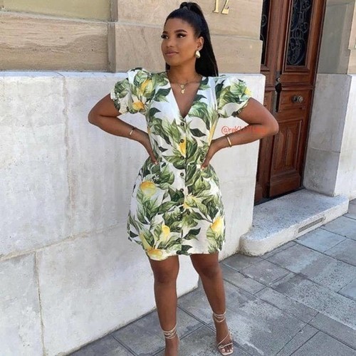 H&M Lemon Print Dress Linen Blend Button Front Puff Sleeve White Green ...