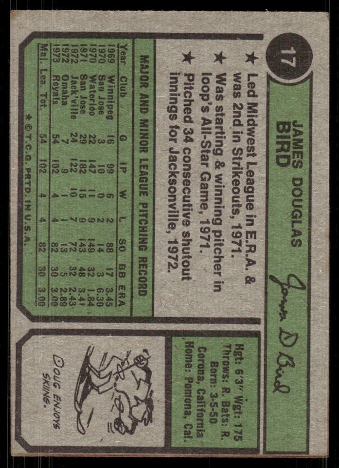 1974 Topps Doug Bird #17 Kansas City Royals Baseball Card | eBay