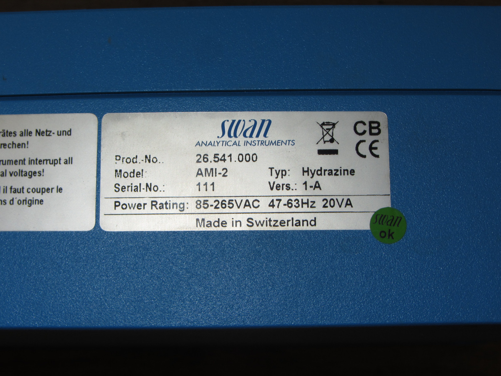 SWAN AMI-2 Hydrazine 26.541.000 85-265 VAC 47-63 Hz 20VA Used GPP | eBay