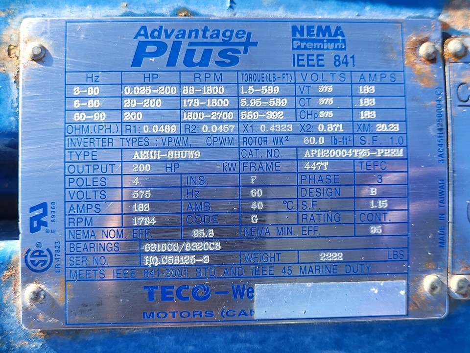 TECO-WESTINGHOUSE 200 hp, 575 volts, 2700 rpm, 447T, Electric Motor ...