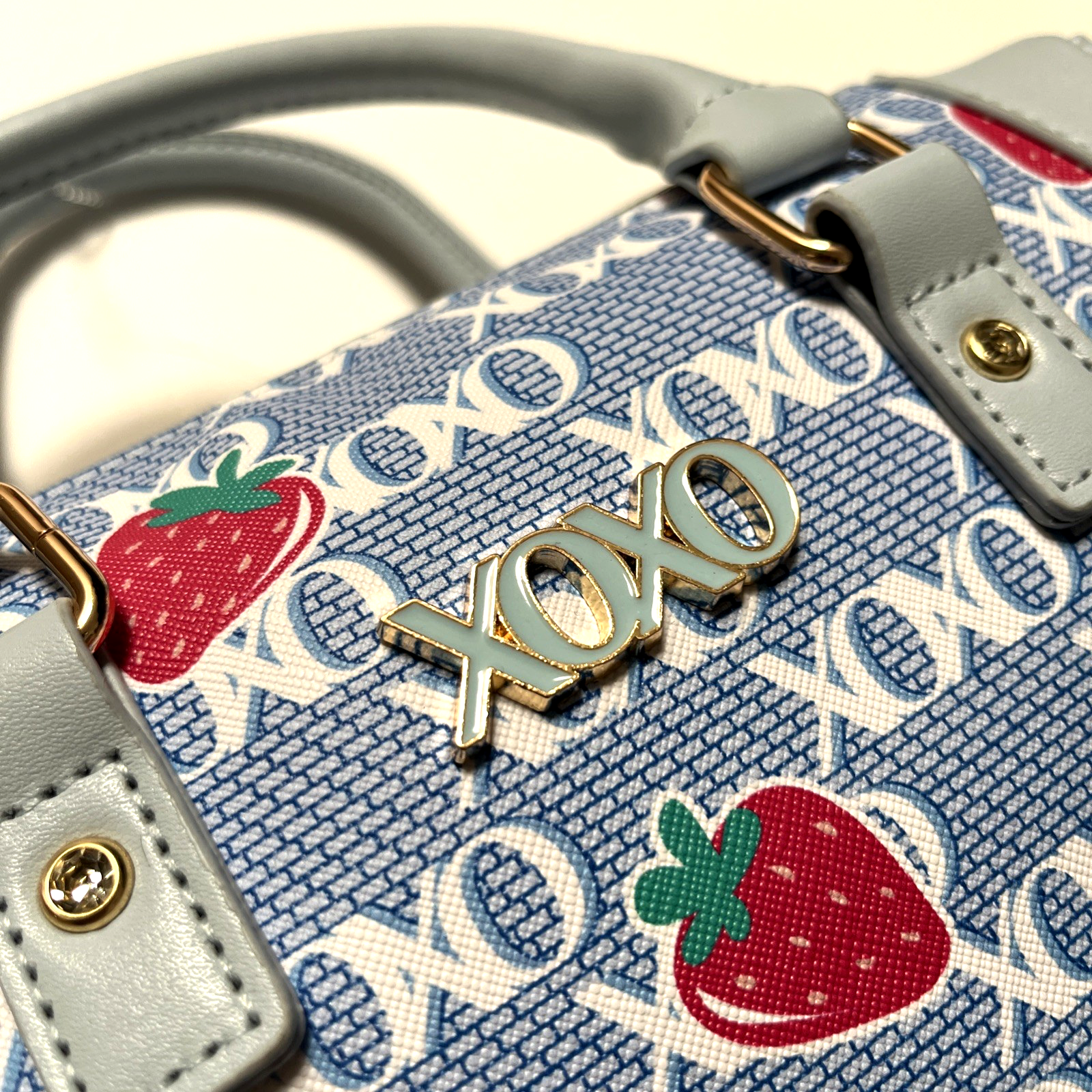 NWT XOXO Barrel Satchel Bag Blue Strawberry Print Crossbody Purse Vegan ...
