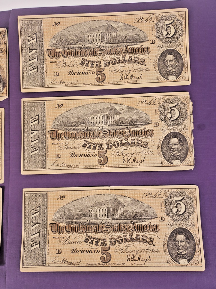 Lot of 6 Vintage Reproductions of Confederate Currency $100 (1) $5 (5 ...
