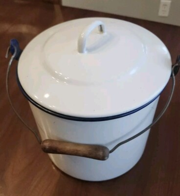 Rustic Vintage Enamelware White Enamel Porcelain Bucket Pot Lid Canning ...