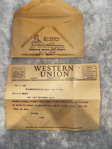 1943 Western Union Telegram , Death Notification , Military Memorabilia ...
