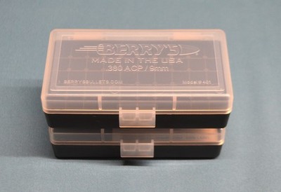 2 x BERRY'S PLASTIC AMMO BOX, CLEAR/BLACK 50 Round 9MM / 380 - FREE S/H ...