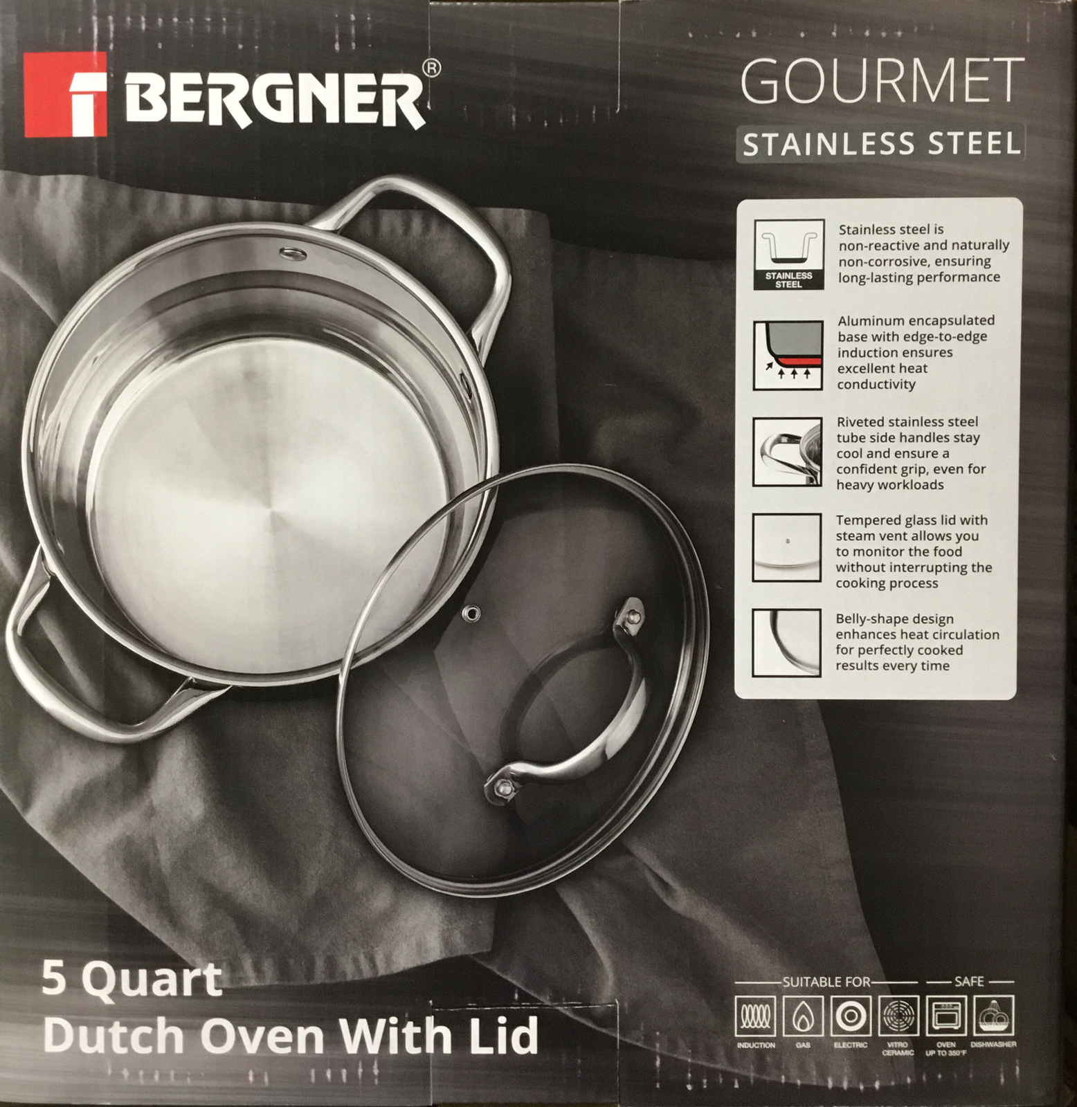 Bergner Halogen Vitro Dutch Oven Pot w Glass Lid High Quality Stainless ...