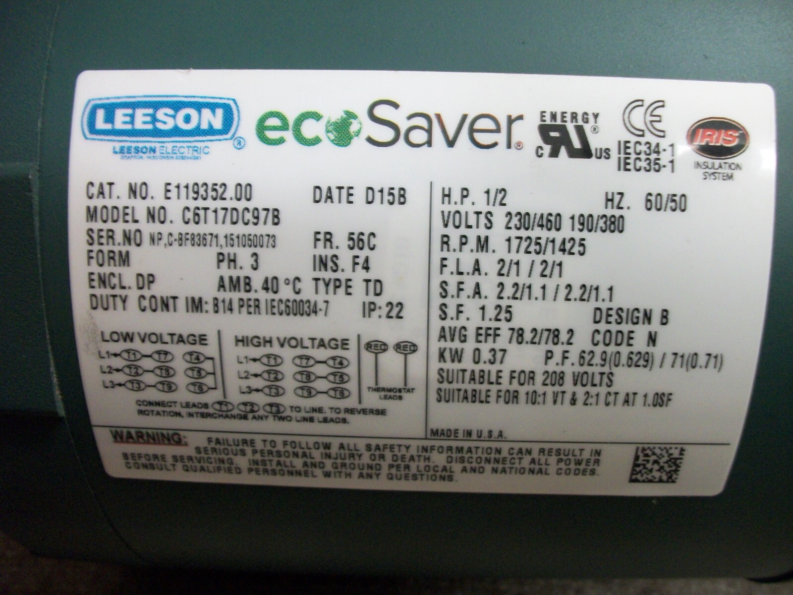 LEESON ECO SAVER CONVEYOR BLEACHER ELECTRIC MOTOR W/ GEAR REDUCER 1/2 ...