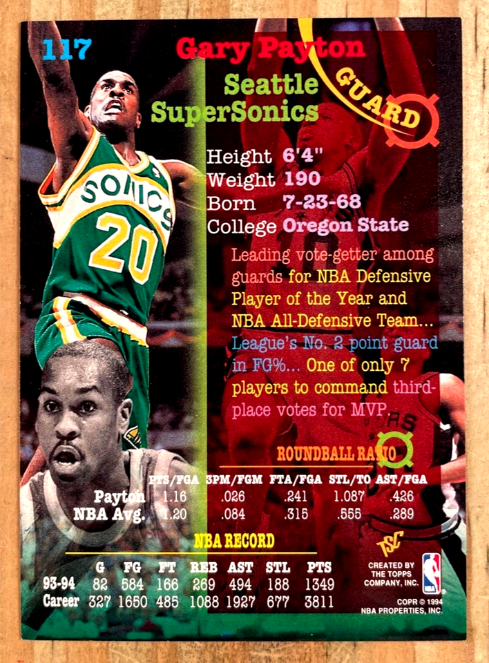 1994-95 TOPPS STADIUM CLUB GARY PAYTON CARD#117 NM-MT SONICS LAKERS ...