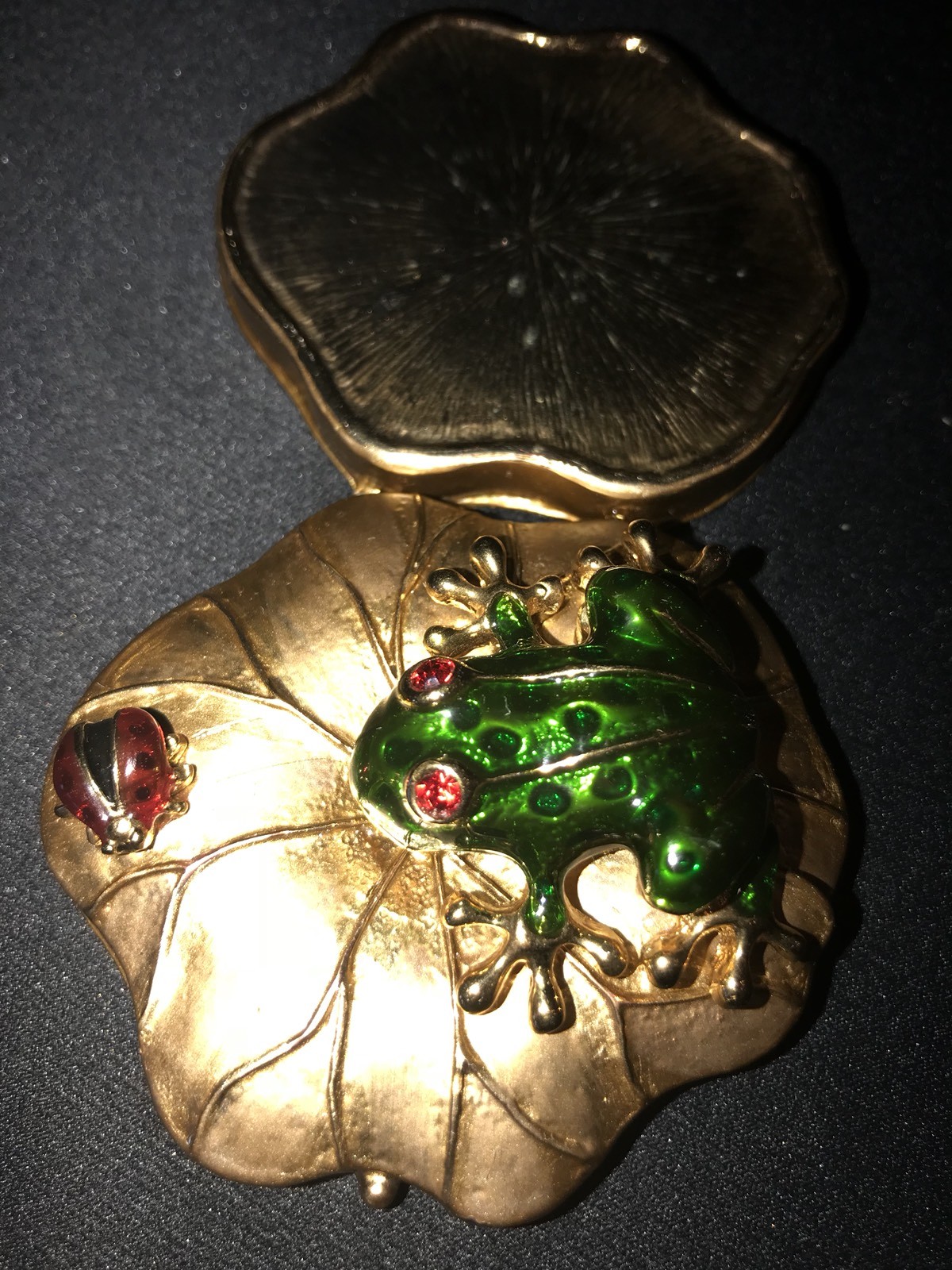 Jeweled Enamel Hinged Trinket Box Frog with Lady Bug on Gold Lily Pad ...