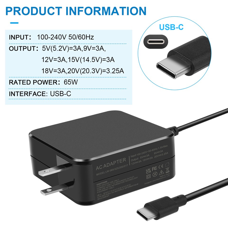 NEW 65 watt Laptop Charger Type C USB-C AC Adapter for Lenovo, Asus ...