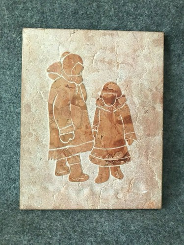 DAVID BERNETT, CANADIAN, CARVED MARBLE PLAQUE INUIT GIRLS ROSA VERONA ...