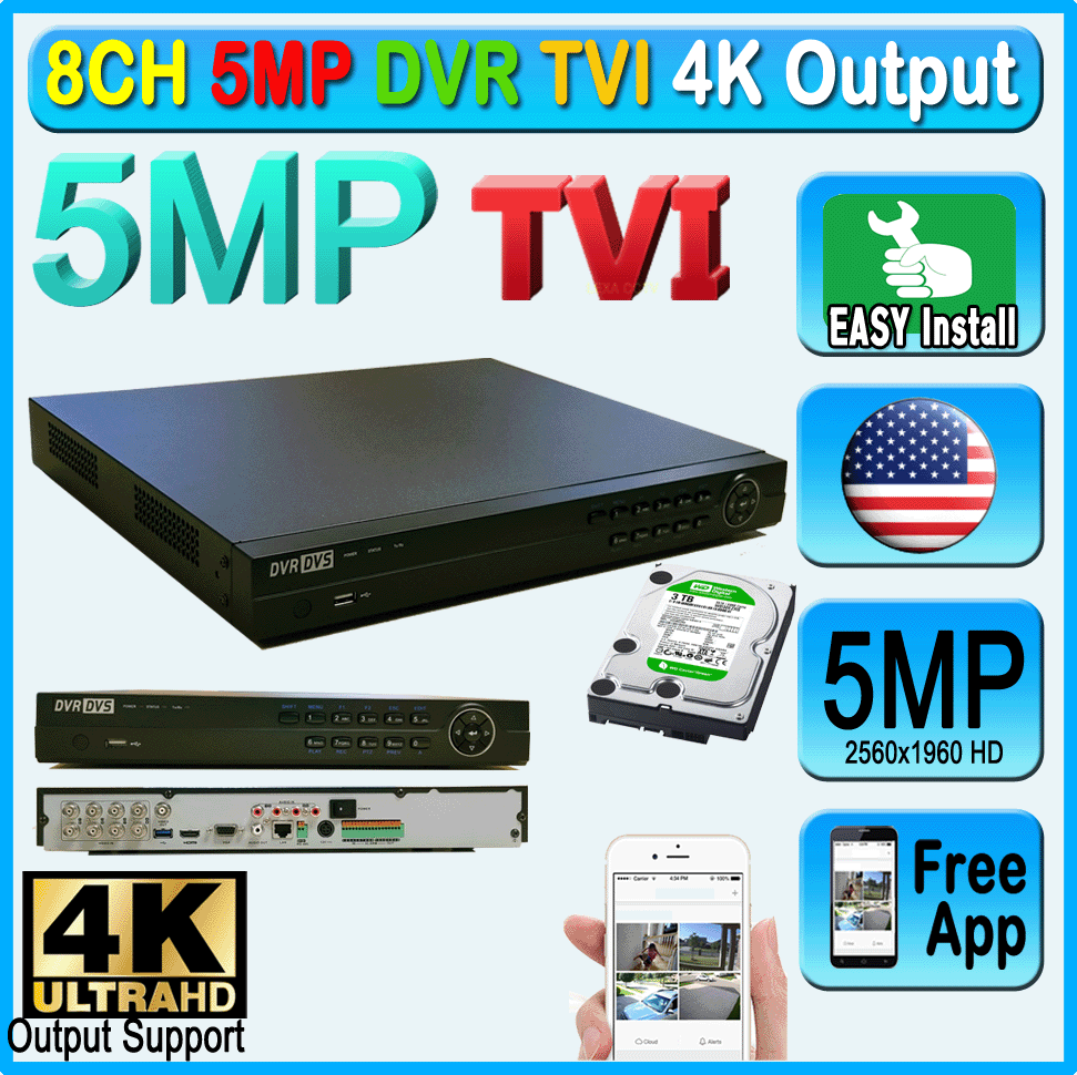 8CH TVI 5MP DVR H265 4k Output 2560x1960 Record System phone P2P Free ...