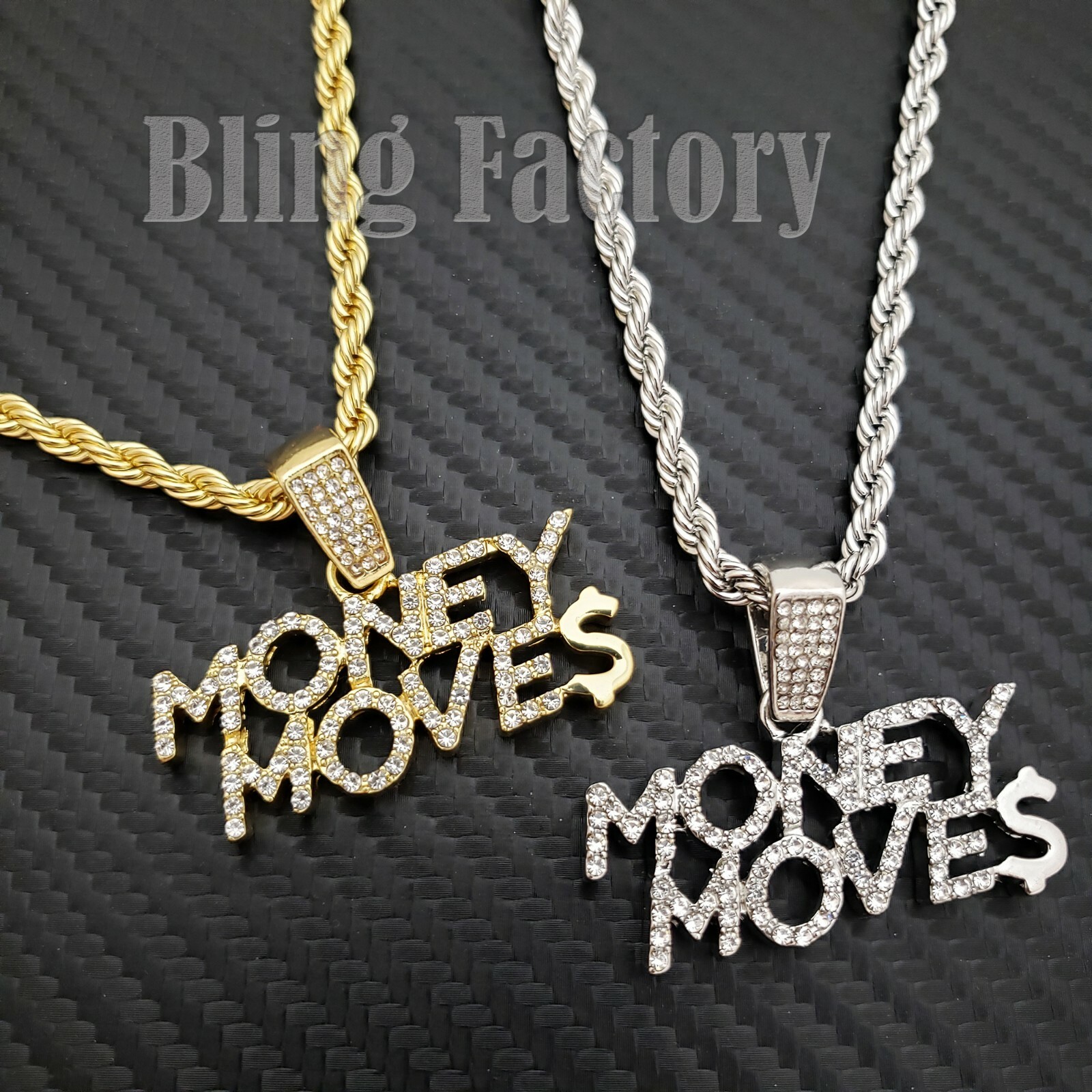 Hip Hop Iced Money Moves Charm Pendant & 4mm 24" Rope Chain Fashion ...