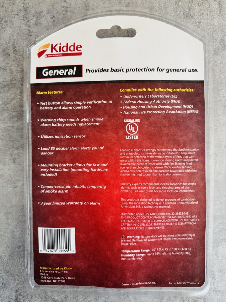 Kidde Battery Operated Smoke Alarm Model# i9030 With 9 Volt Battery ...