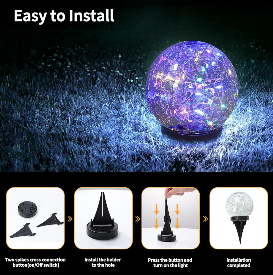 Solar Globe Lights Outdoor Waterproof Cracked Glass Orbs for Garden ...