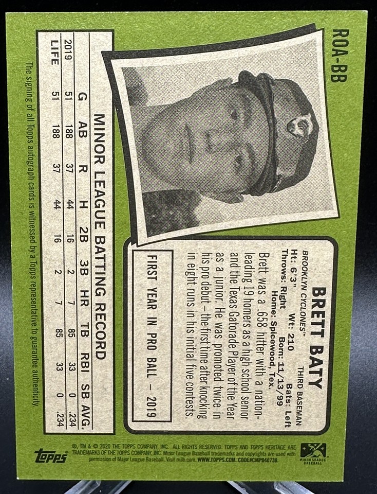 BRETT BATY NEW YORK METS 2020 TOPPS HERITAGE MINORS REAL ONE AUTOGRAPHS ...