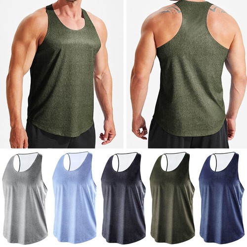 MENS GYM VEST PLAIN STRINGER BODYBUILDING MUSCLE TRAINING TOP FITNESS ...